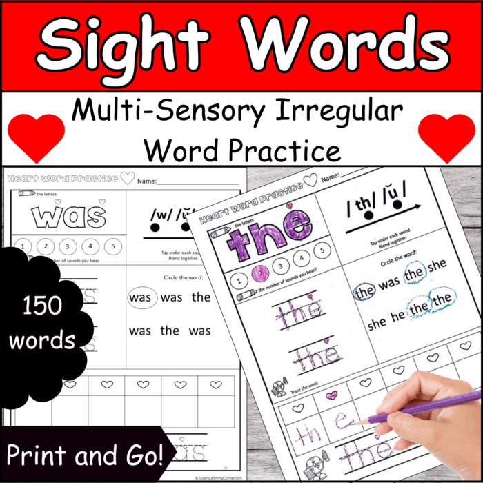 Sight Words Worksheets | Irregular Words | Heart Words | Red Words ...